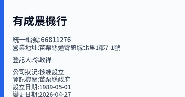 有成農機行的照片-統編 66811276(苗栗縣) 公司登記資料與營業項目詳細圖表