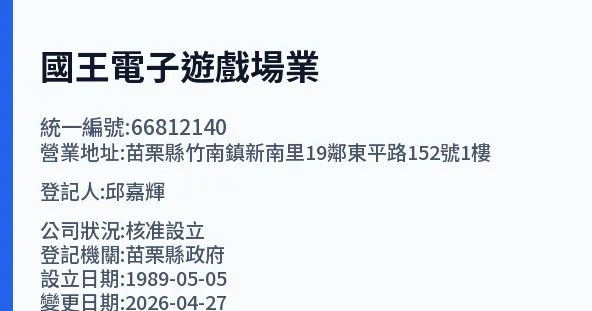 國王電子遊戲場業的照片-統編 66812140(苗栗縣) 公司登記資料與營業項目詳細圖表