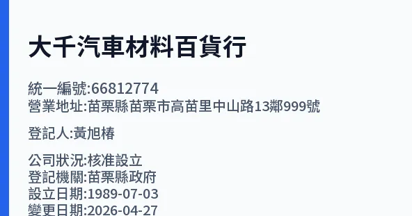 大千汽車材料百貨行的照片-統編 66812774(苗栗縣) 公司登記資料與營業項目詳細圖表