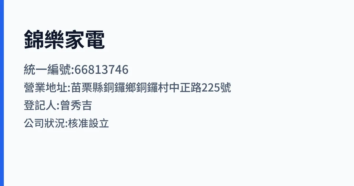 錦樂家電 - 統編 66813746(苗栗縣) 公司登記資料與營業項目詳細圖表