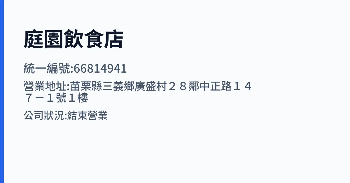 庭園飲食店 - 統編 66814941(苗栗縣) 公司登記資料與營業項目詳細圖表