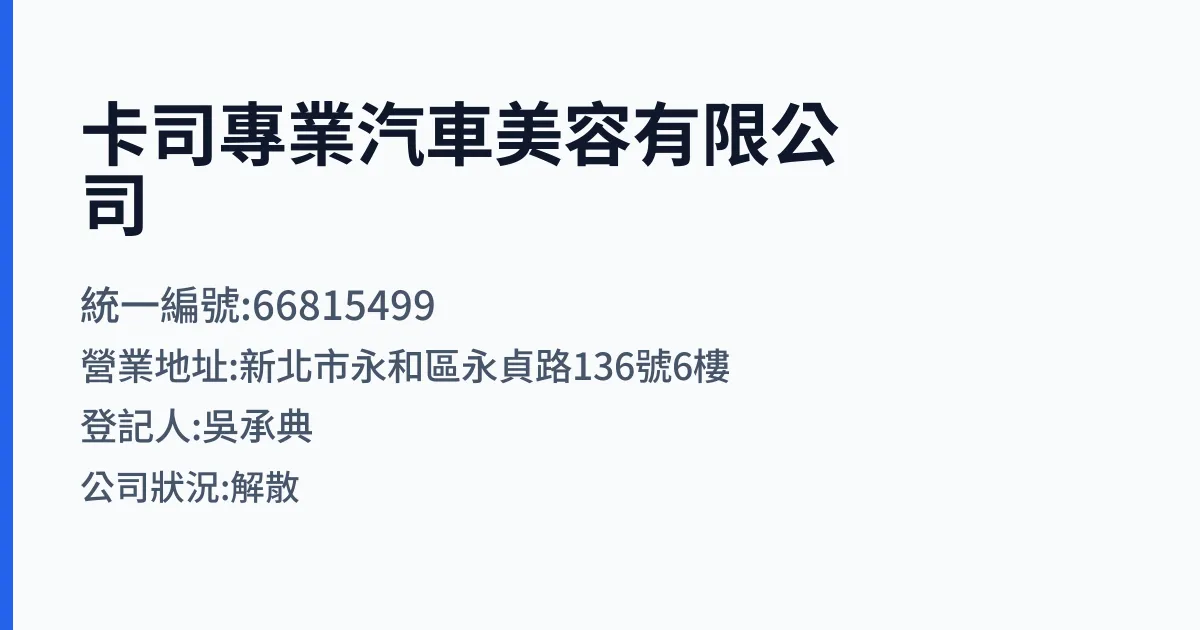 卡司專業汽車美容有限公司 - 統編 66815499(新北市) 公司登記資料與營業項目詳細圖表