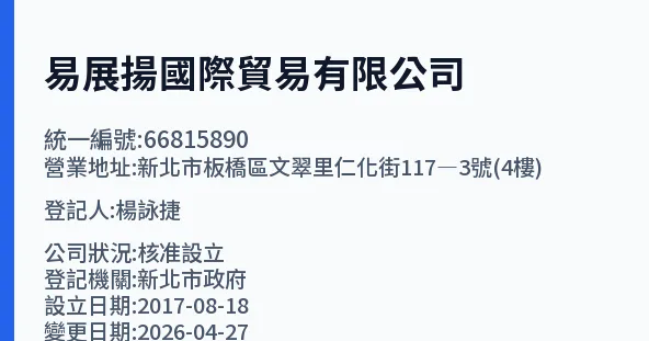易展揚國際貿易有限公司的照片-統編 66815890(新北市) 公司登記資料與營業項目詳細圖表