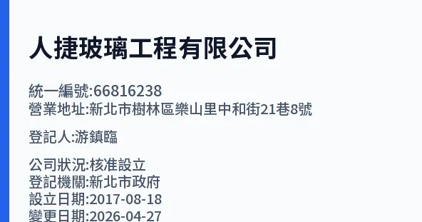 人捷玻璃工程有限公司的照片-統編 66816238(新北市) 公司登記資料與營業項目詳細圖表