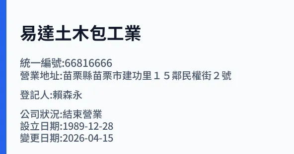 易達土木包工業的照片-統編 66816666(苗栗縣) 公司登記資料與營業項目詳細圖表