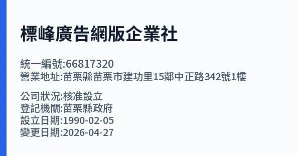 標峰廣告網版企業社的照片-統編 66817320(苗栗縣) 公司登記資料與營業項目詳細圖表