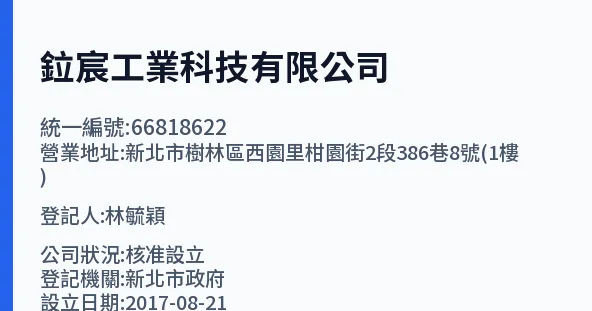 鉝宸工業科技有限公司的照片-統編 66818622(新北市) 公司登記資料與營業項目詳細圖表