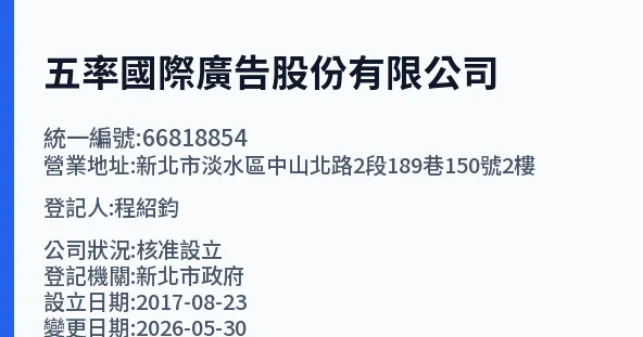 五率國際廣告股份有限公司的照片-統編 66818854(新北市) 公司登記資料與營業項目詳細圖表