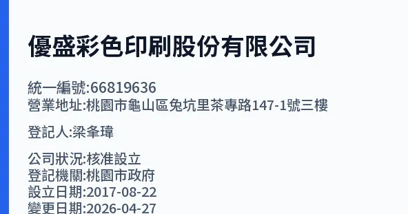 優盛彩色印刷股份有限公司的照片-統編 66819636(桃園市) 公司登記資料與營業項目詳細圖表