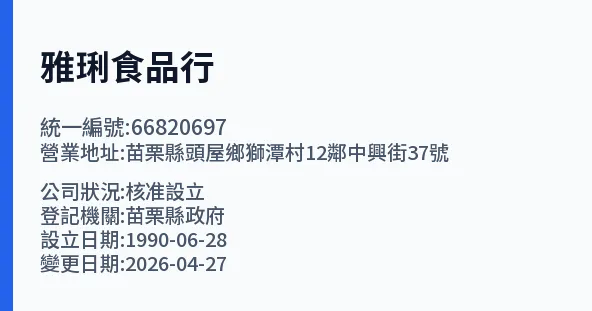 雅琍食品行的照片-統編 66820697(苗栗縣) 公司登記資料與營業項目詳細圖表
