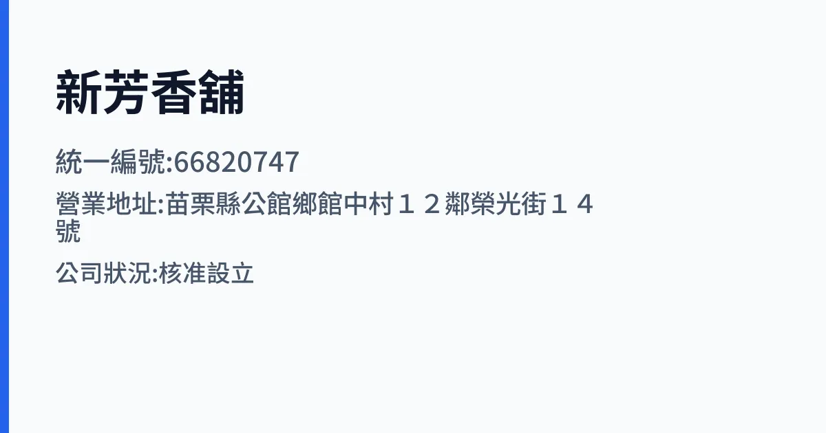 新芳香舖 - 統編 66820747(苗栗縣) 公司登記資料與營業項目詳細圖表