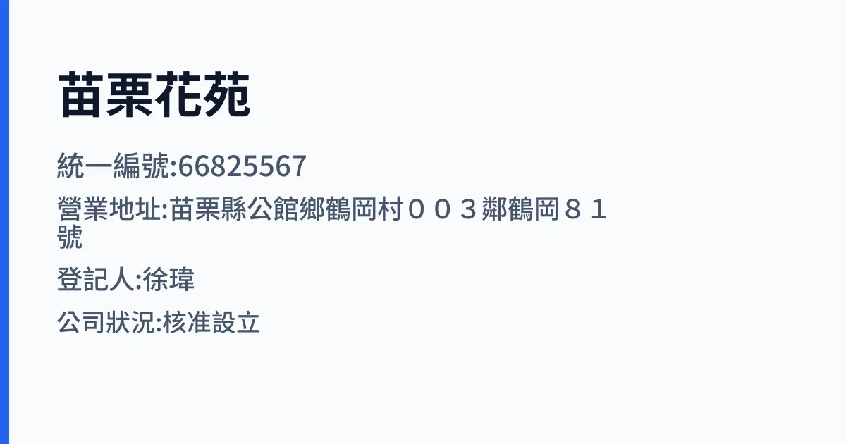 苗栗花苑 - 統編 66825567(苗栗縣) 公司登記資料與營業項目詳細圖表