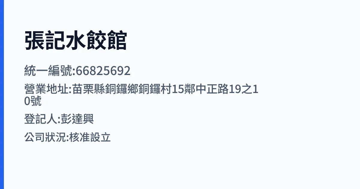 張記水餃館 - 統編 66825692(苗栗縣) 公司登記資料與營業項目詳細圖表