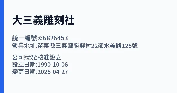 大三義雕刻社的照片-統編 66826453(苗栗縣) 公司登記資料與營業項目詳細圖表
