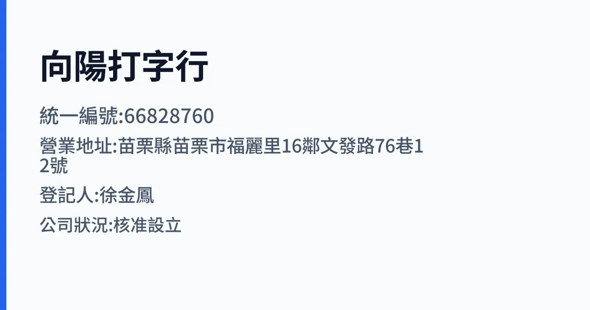 向陽打字行 - 統編 66828760(苗栗縣) 公司登記資料與營業項目詳細圖表