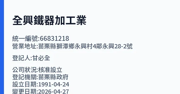 全興鐵器加工業的照片-統編 66831218(苗栗縣) 公司登記資料與營業項目詳細圖表