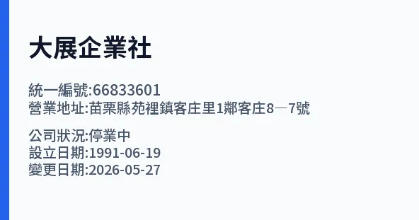 大展企業社的照片-統編 66833601(苗栗縣) 公司登記資料與營業項目詳細圖表