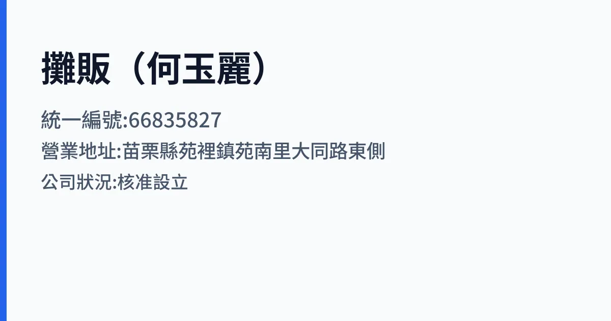 攤販（何玉麗） - 統編 66835827(苗栗縣) 公司登記資料與營業項目詳細圖表