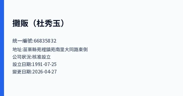 攤販(杜秀玉)的照片-統編 66835832(苗栗縣) 公司登記資料與營業項目詳細圖表