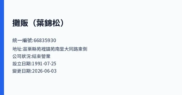 攤販(葉錦松)的照片-統編 66835930(苗栗縣) 公司登記資料與營業項目詳細圖表
