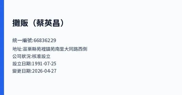 攤販(蔡英昌)的照片-統編 66836229(苗栗縣) 公司登記資料與營業項目詳細圖表
