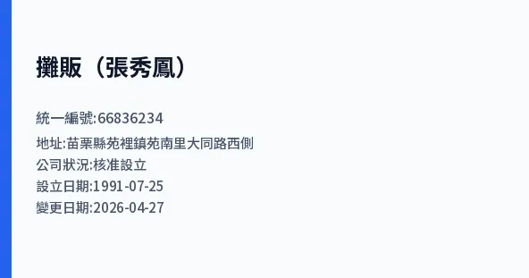 攤販(張秀鳳)的照片-統編 66836234(苗栗縣) 公司登記資料與營業項目詳細圖表