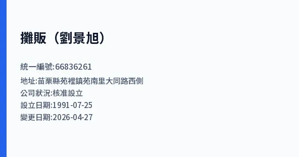 攤販(劉景旭)的照片-統編 66836261(苗栗縣) 公司登記資料與營業項目詳細圖表