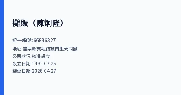 攤販(陳炯隆)的照片-統編 66836327(苗栗縣) 公司登記資料與營業項目詳細圖表