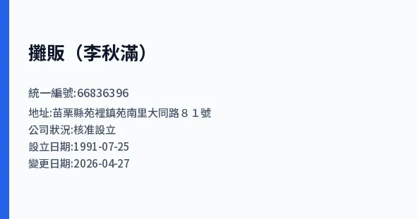 攤販(李秋滿)的照片-統編 66836396(苗栗縣) 公司登記資料與營業項目詳細圖表