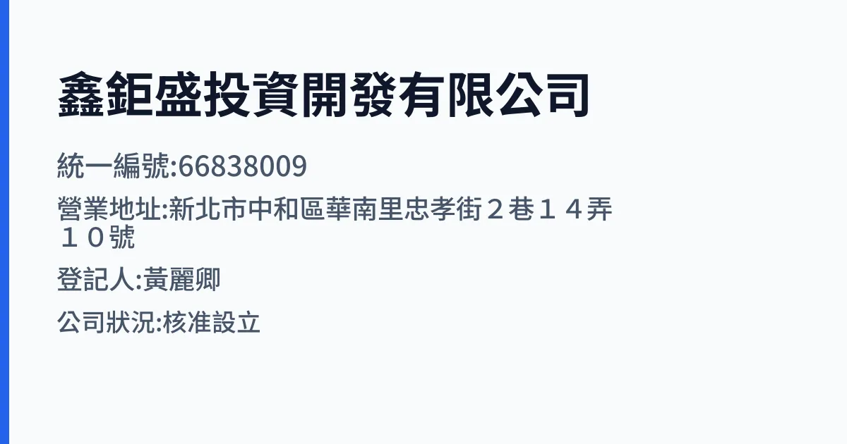 鑫鉅盛投資開發有限公司 - 統編 66838009(新北市) 公司登記資料與營業項目詳細圖表