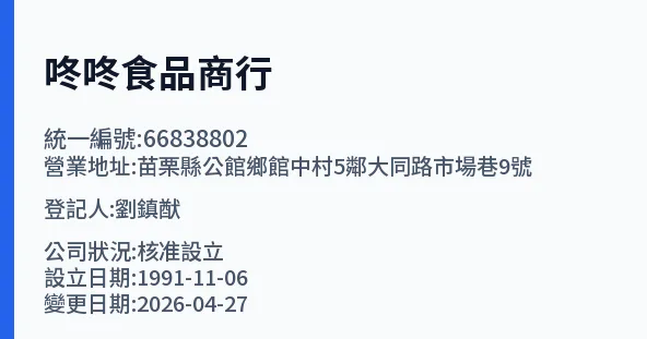 咚咚食品商行的照片-統編 66838802(苗栗縣) 公司登記資料與營業項目詳細圖表