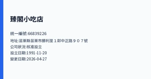 臻閣小吃店的照片-統編 66839226(苗栗縣) 公司登記資料與營業項目詳細圖表