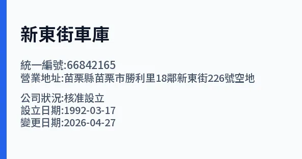 新東街車庫的照片-統編 66842165(苗栗縣) 公司登記資料與營業項目詳細圖表