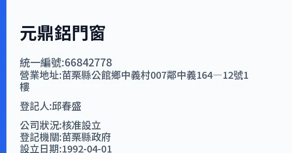 元鼎鋁門窗的照片-統編 66842778(苗栗縣) 公司登記資料與營業項目詳細圖表