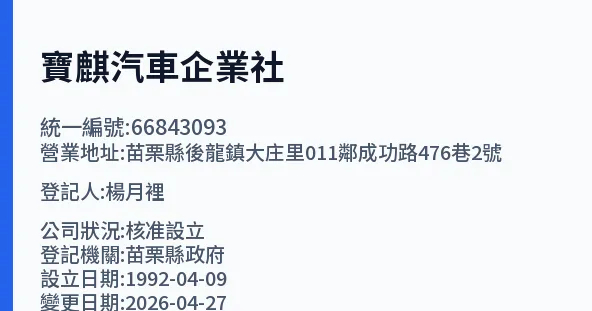 寶麒汽車企業社的照片-統編 66843093(苗栗縣) 公司登記資料與營業項目詳細圖表