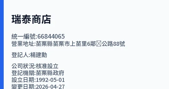 瑞泰商店的照片-統編 66844065(苗栗縣) 公司登記資料與營業項目詳細圖表