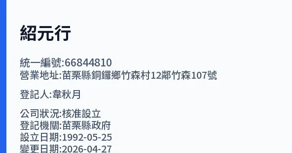 紹元行的照片-統編 66844810(苗栗縣) 公司登記資料與營業項目詳細圖表