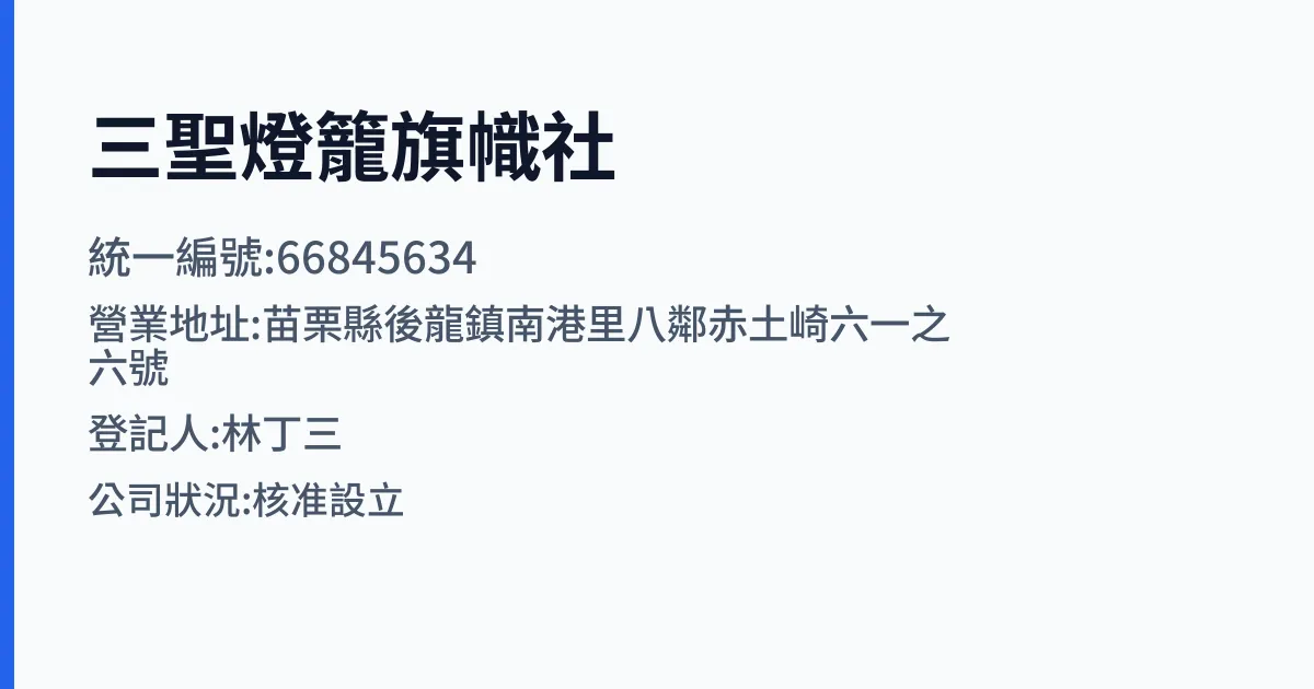 三聖燈籠旗幟社 - 統編 66845634(苗栗縣) 公司登記資料與營業項目詳細圖表