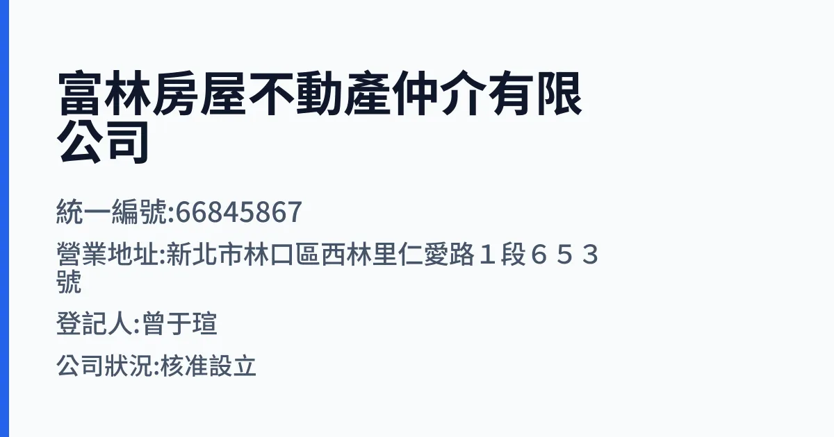富林房屋不動產仲介有限公司 - 統編 66845867(新北市) 公司登記資料與營業項目詳細圖表