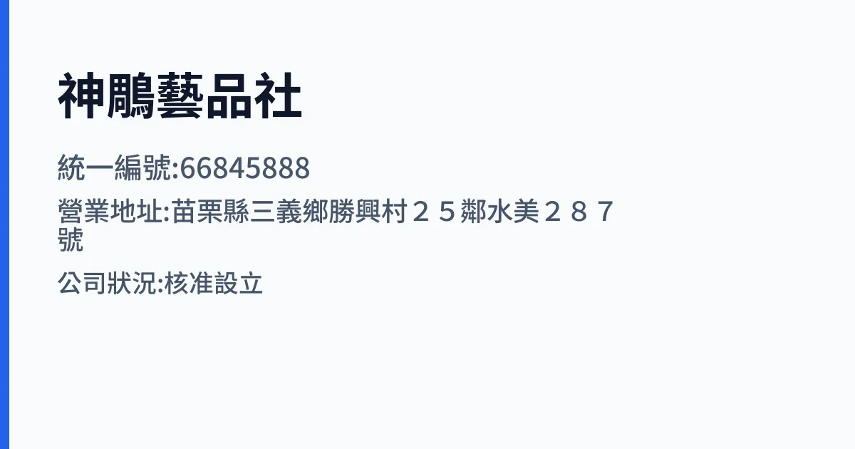 神鵰藝品社 - 統編 66845888(苗栗縣) 公司登記資料與營業項目詳細圖表