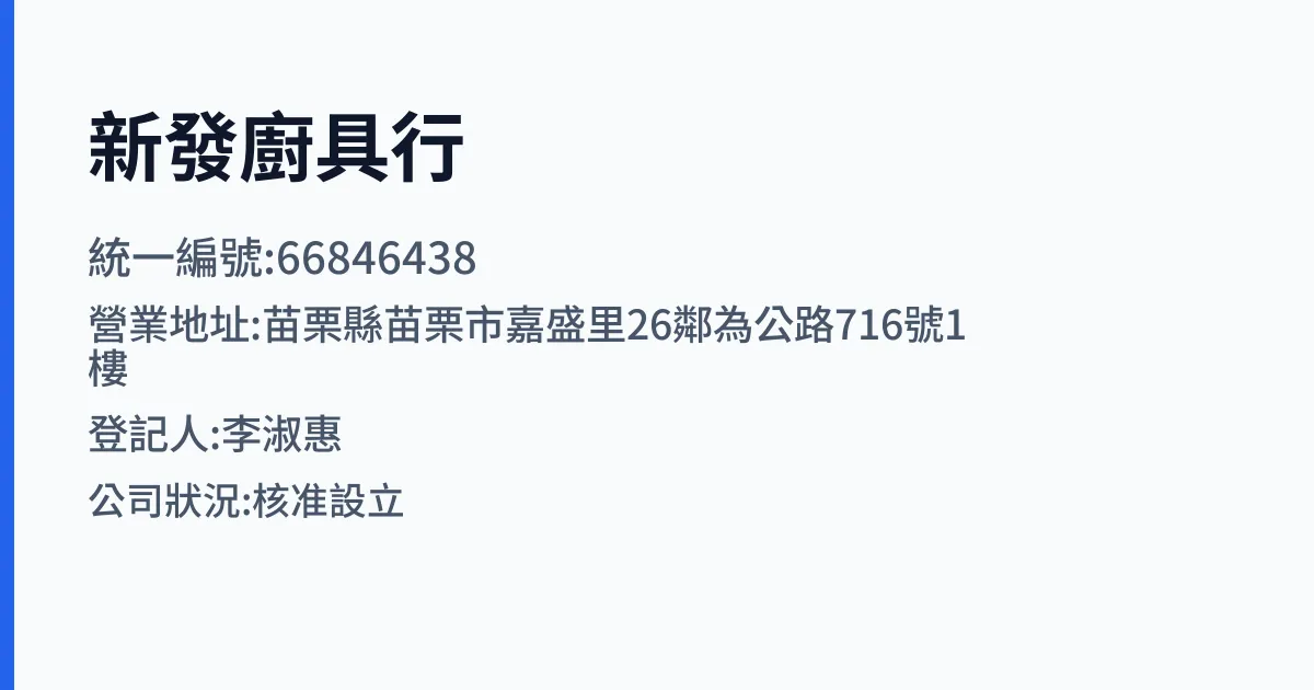 新發廚具行 - 統編 66846438(苗栗縣) 公司登記資料與營業項目詳細圖表