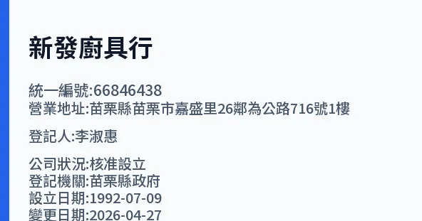 新發廚具行的照片-統編 66846438(苗栗縣) 公司登記資料與營業項目詳細圖表