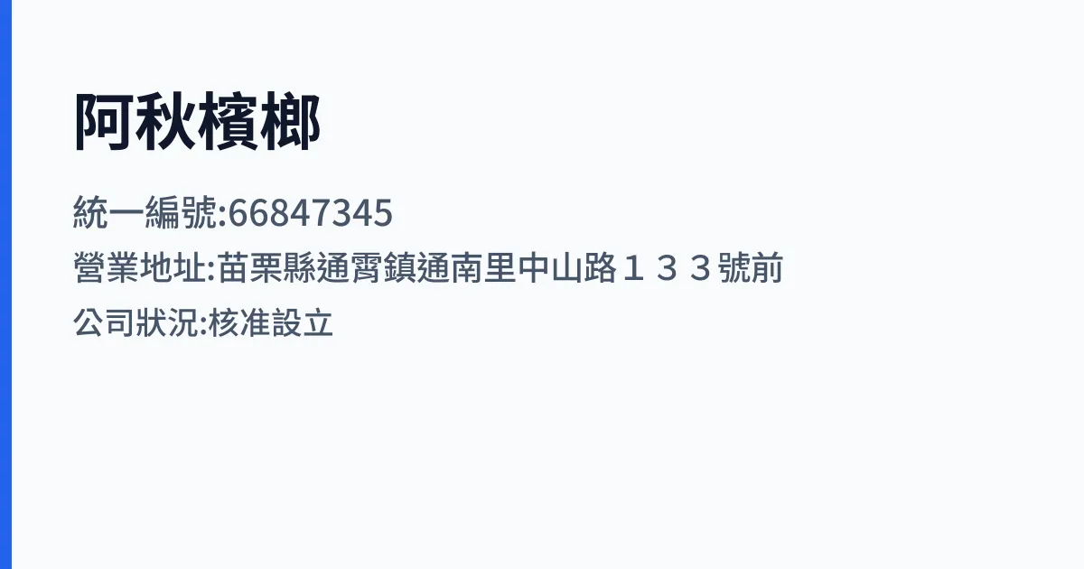 阿秋檳榔 - 統編 66847345(苗栗縣) 公司登記資料與營業項目詳細圖表