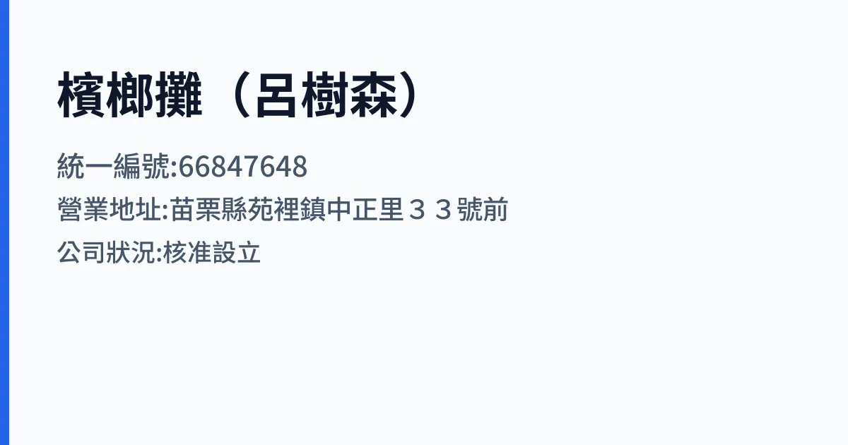 檳榔攤（呂樹森） - 統編 66847648(苗栗縣) 公司登記資料與營業項目詳細圖表