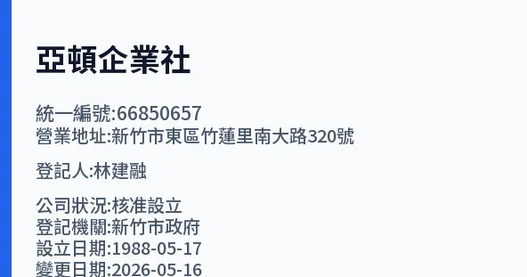亞頓企業社的照片-統編 66850657(新竹市) 公司登記資料與營業項目詳細圖表
