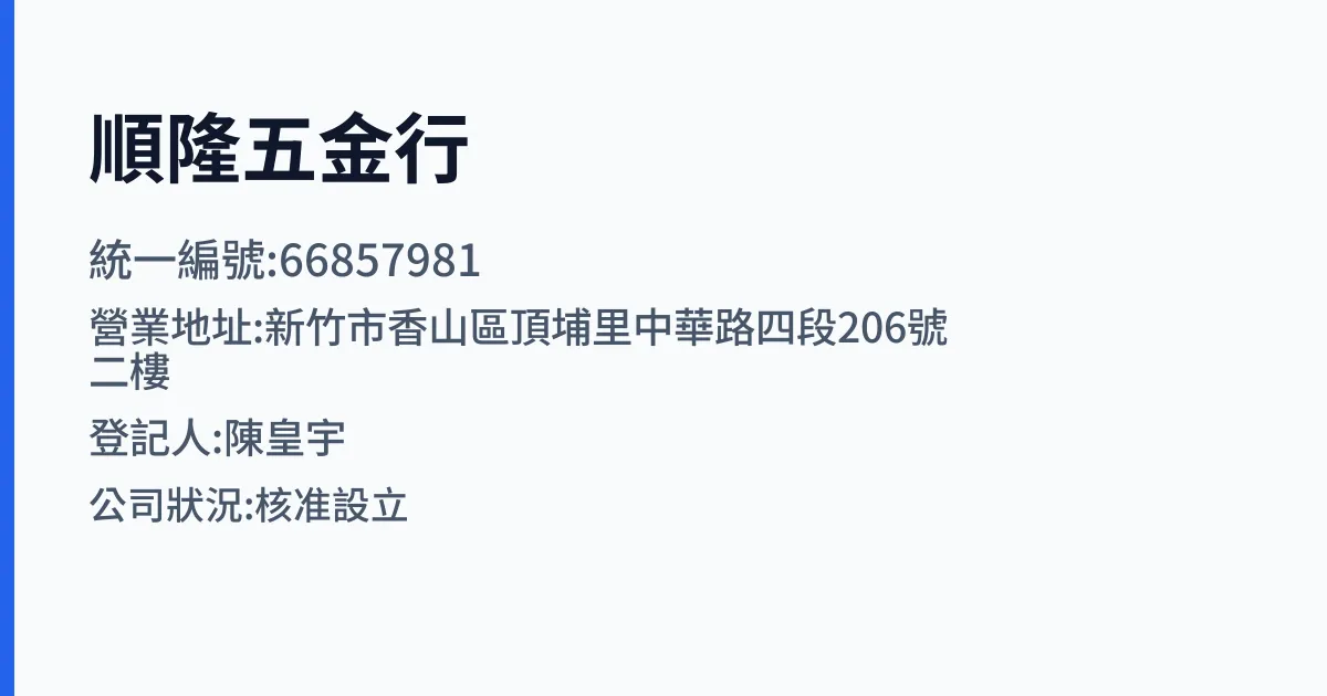順隆五金行 - 統編 66857981(新竹市) 公司登記資料與營業項目詳細圖表
