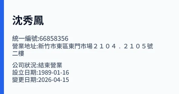 沈秀鳳的照片-統編 66858356(新竹市) 公司登記資料與營業項目詳細圖表
