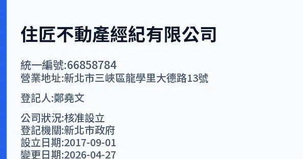住匠不動產經紀有限公司的照片-統編 66858784(新北市) 公司登記資料與營業項目詳細圖表