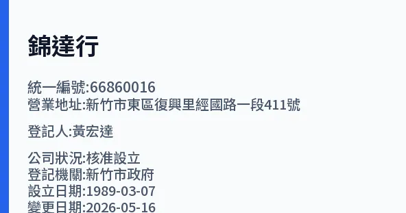 錦達行的照片-統編 66860016(新竹市) 公司登記資料與營業項目詳細圖表