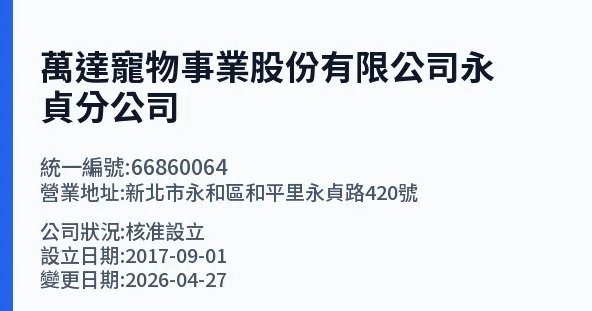 萬達寵物事業股份有限公司永貞分公司的照片-統編 66860064(新北市) 公司登記資料與營業項目詳細圖表